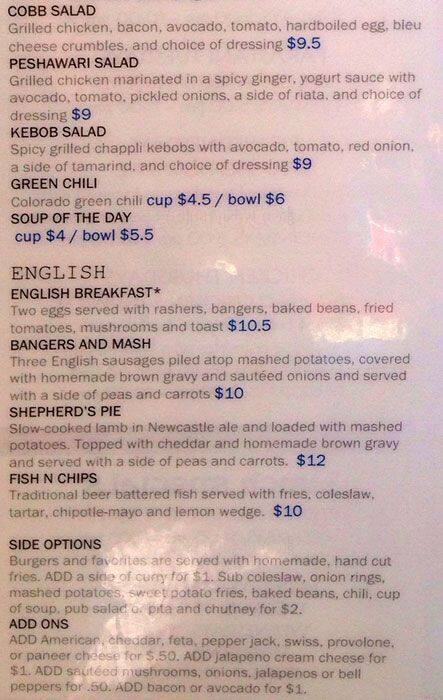 Menu at The British Bulldog restaurant, Denver
