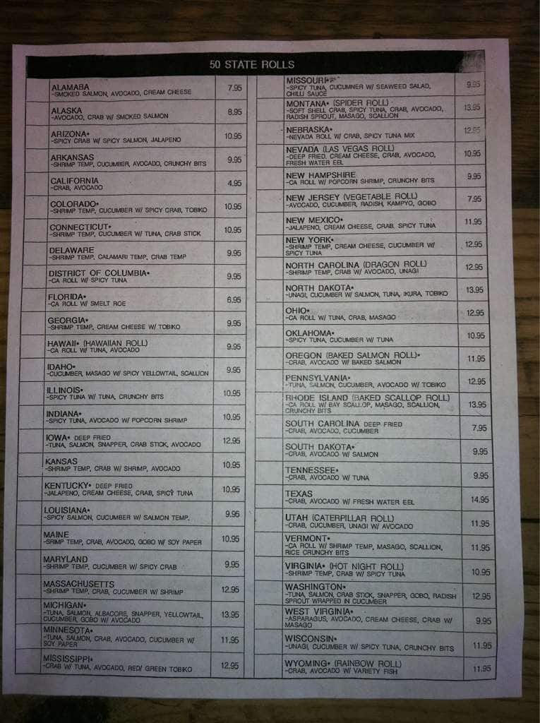 Menu at Ari Sushi restaurant, Cave Creek