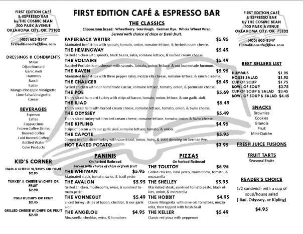 Menu at First Edition Cafe & Expresso, Oklahoma City