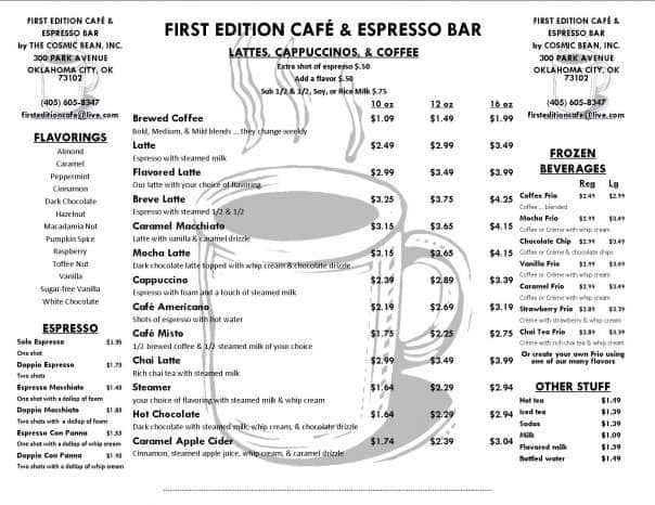 Menu at First Edition Cafe & Expresso, Oklahoma City
