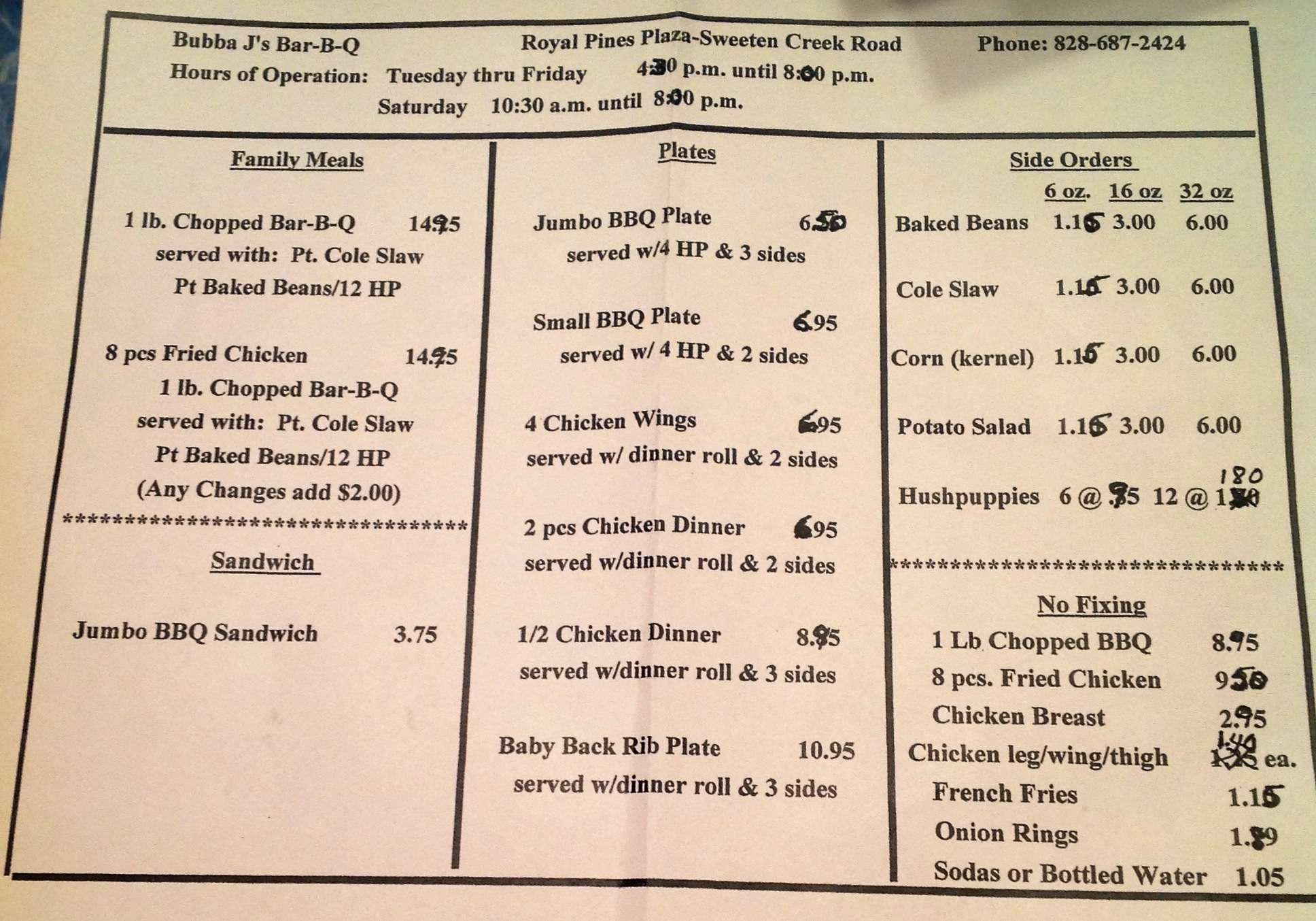 Menu at Big J's Bubba-Q restaurant, Arden