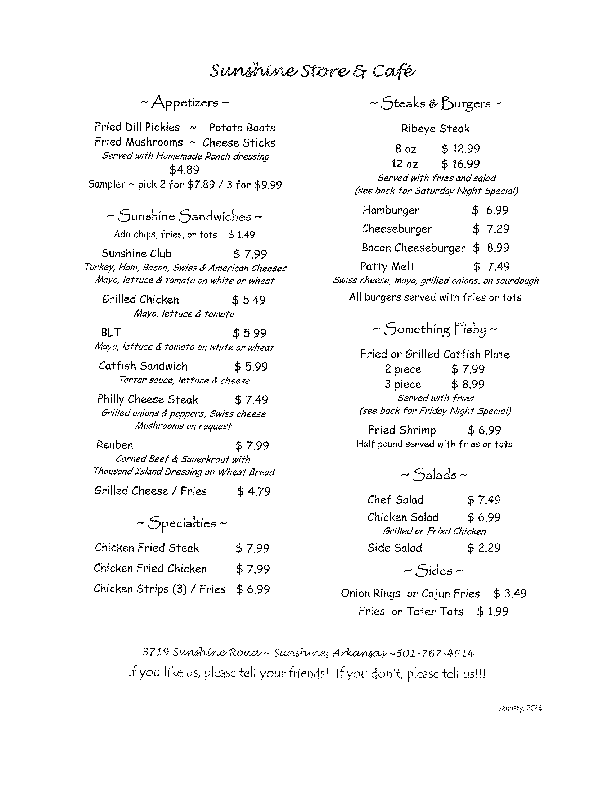 Menu at Sunshine Store & Cafe, USA, Sunshine Rd