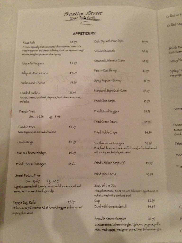 Menu at Franklin Street Bar & Grill, Johnstown