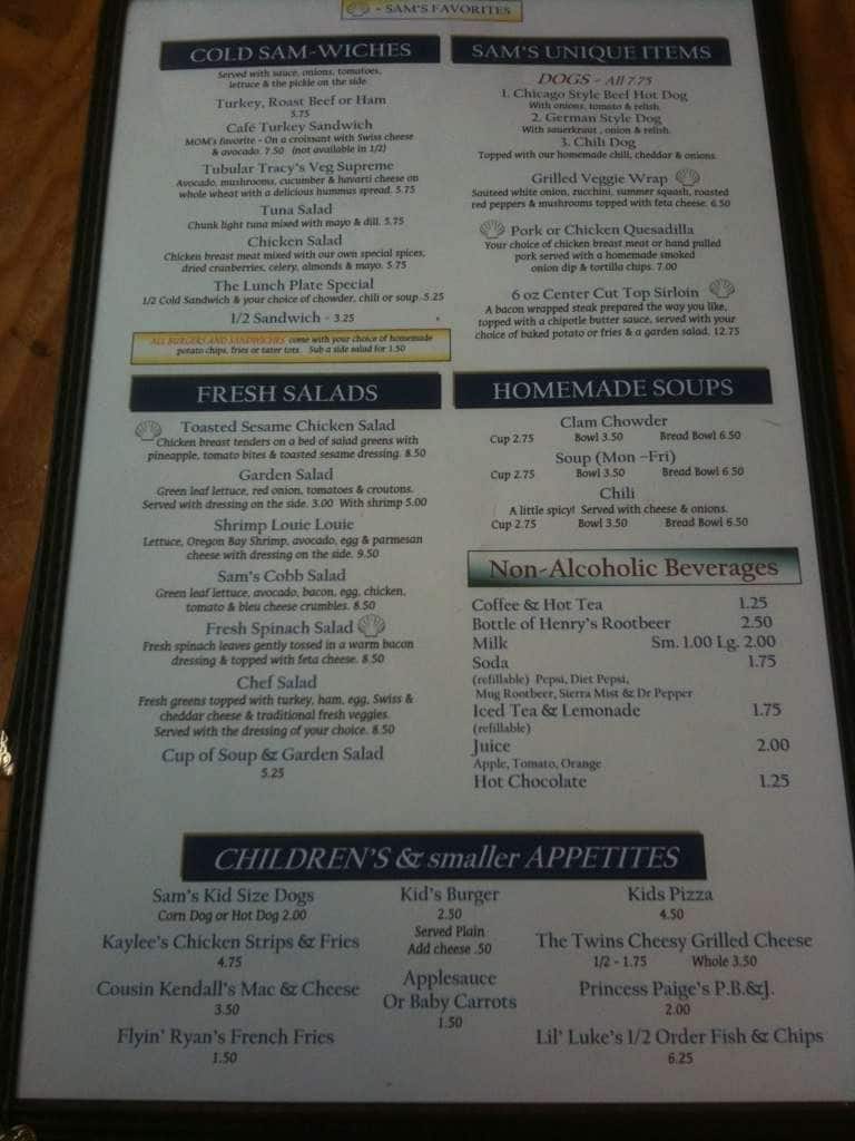 Menu at Sam's Seaside Cafe, Seaside