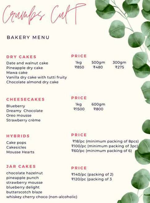 Menu of Crumbs Cult, Anand Vihar, New Delhi