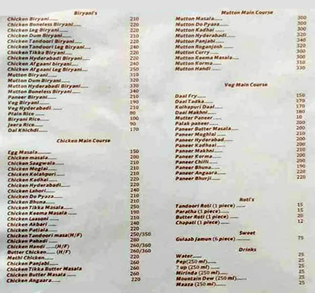 Menu of Muglai Express, Undri, Pune