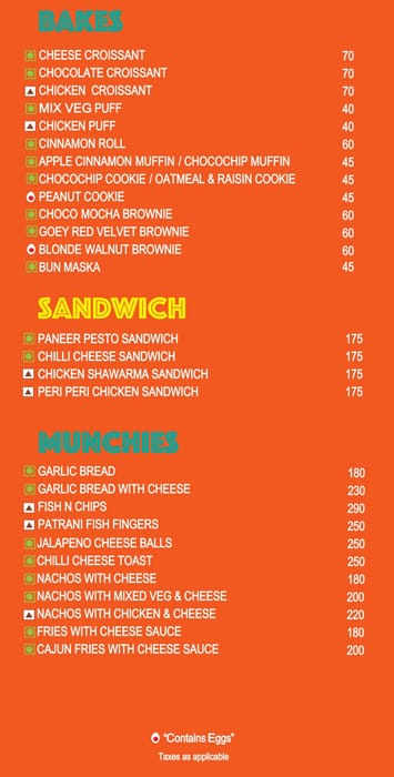 Menu of Prithvi Cafe, Juhu, Mumbai