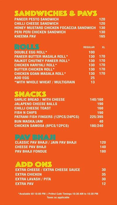 Menu at Prithvi Cafe, Mumbai, 20