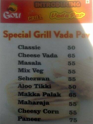 Menu at Goli Vada Pav, Bengaluru, 2M2G+6HG