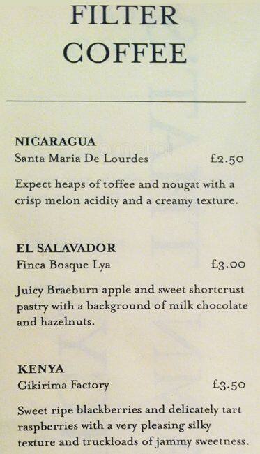 Menu at Tap Coffee cafe, London, 114 Tottenham Court Road