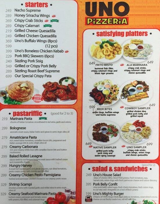 UNO Pizzeria Menu Menu For UNO Pizzeria Mall Of Asia Complex MOA