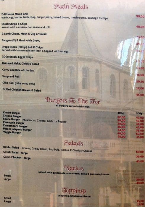 Menu at The Kimberley Hotel (Kimbo) Cape Town pub & bar, Cape Town, 46 ...