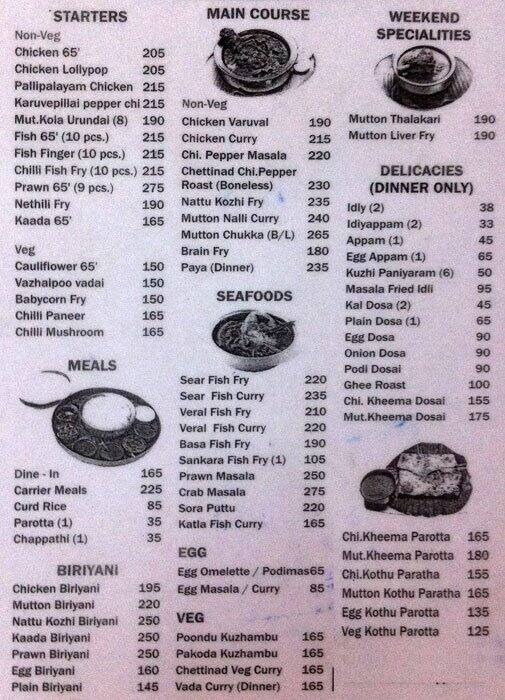 Menu at Velu military hotel, Chennai, 129