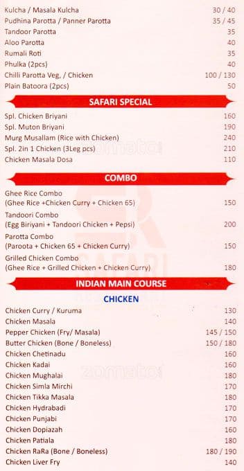 Menu at Safari Restaurant, Chennai