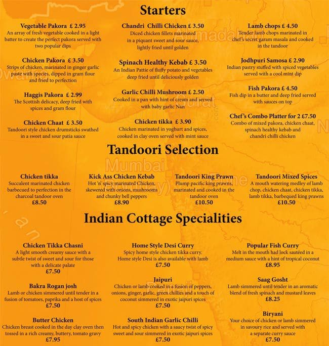 Carta del restaurante Indian Cottage, Glasgow, 42 Albion St