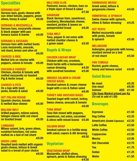 Menu at The Pig & Heifer cafe, Dublin, 2 Charlotte Way