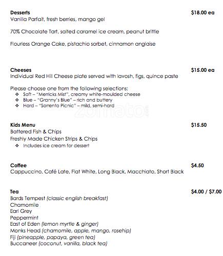 Menu at Morning Star Estate restaurant, Mount Eliza