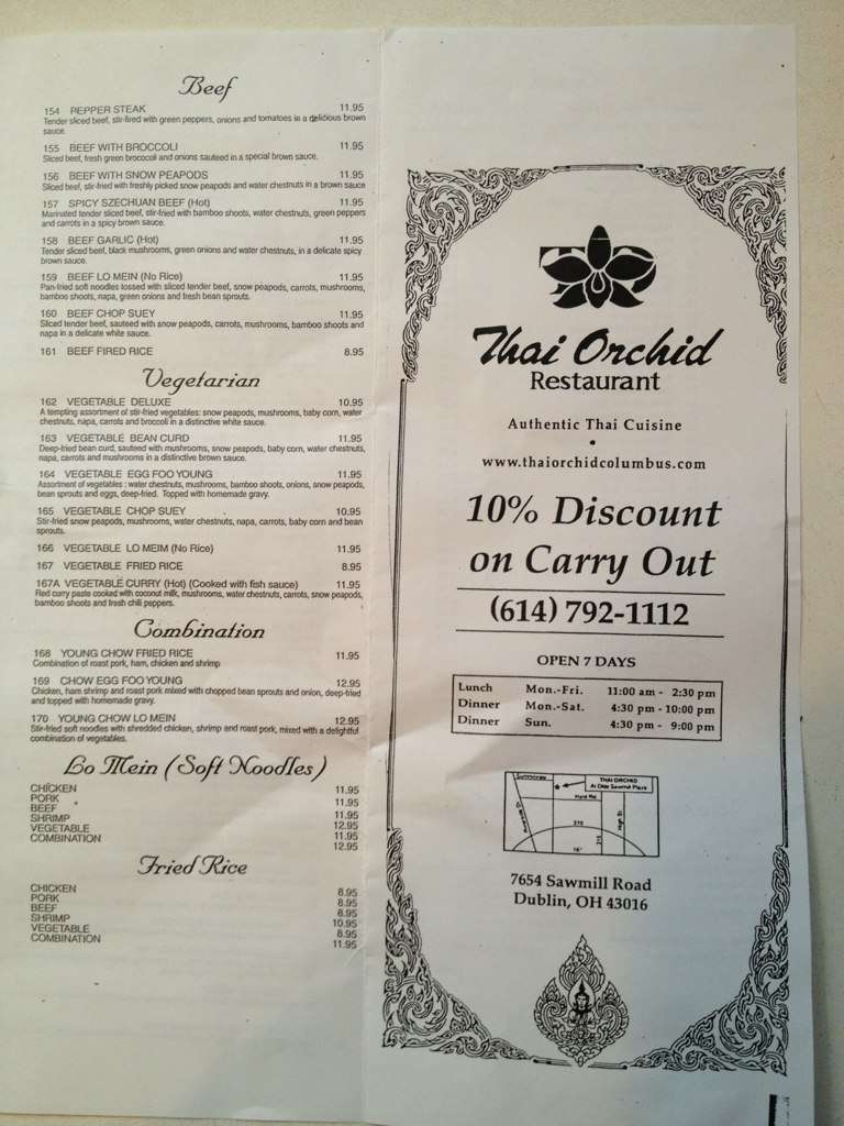 Menu at Siam Orchid restaurant, Dublin