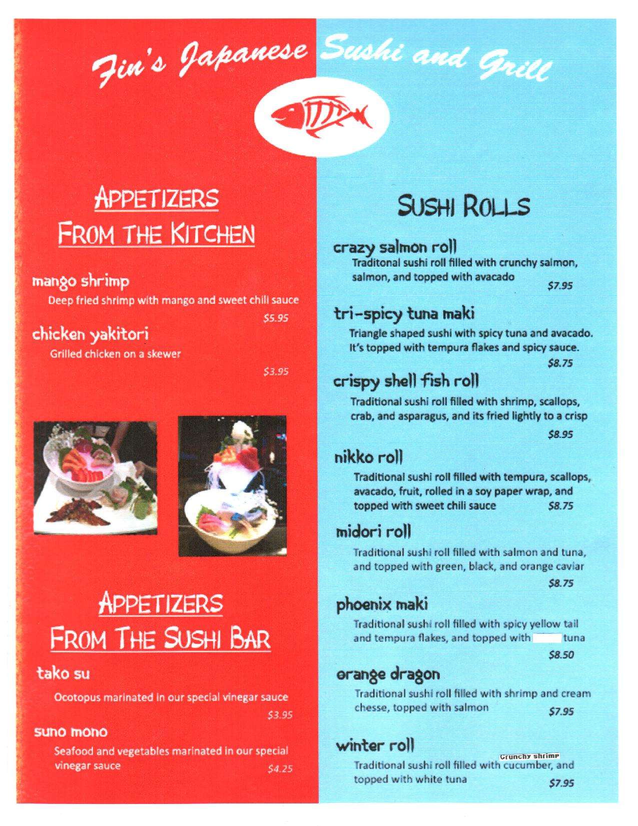 Menu at Fin's Japanese Sushi & Grill restaurant, Panama City, 732 W 23rd St