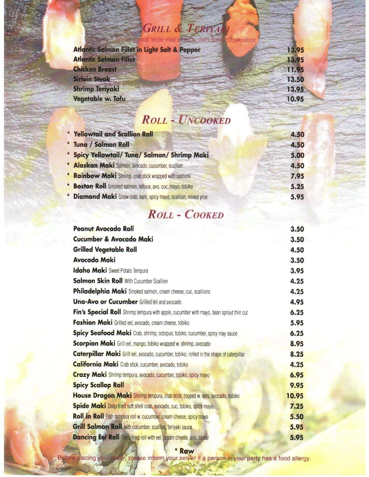 Menu at Fin's Japanese Sushi & Grill restaurant, Panama City, 732 W 23rd St