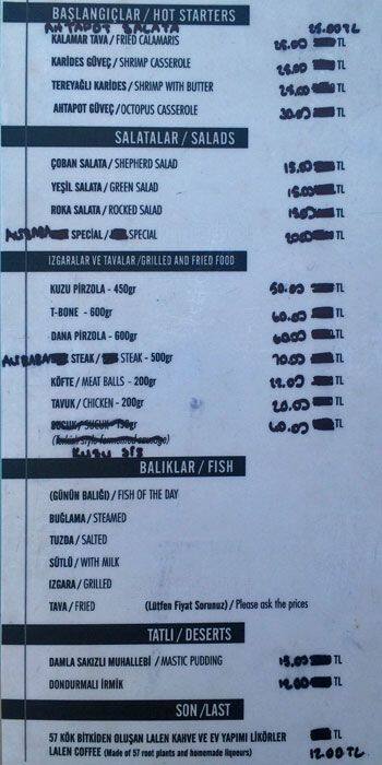 Menu at Ali Baba, Bozcaada