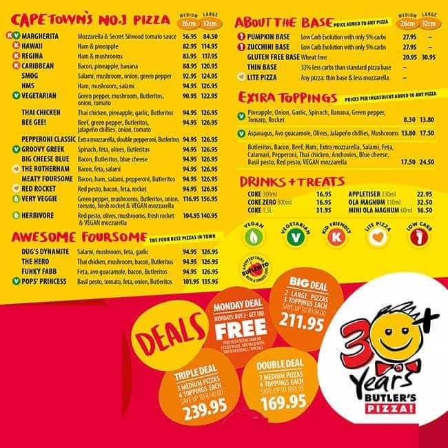 Menu at Butler's Pizza Table View restaurant, Cape Town