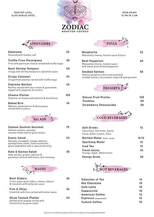 Menu at Zodiac Rooftop Lounge pub & bar, Dubai