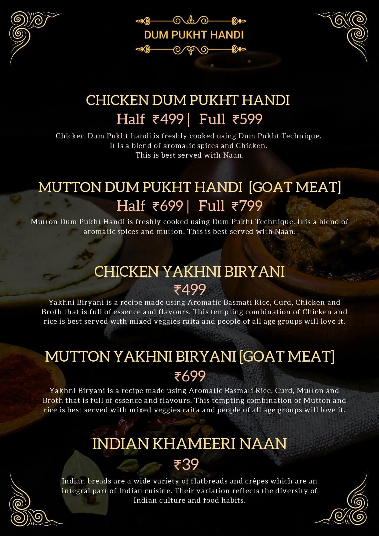 Menu of Dum Pukht Handi, Baner, Pune