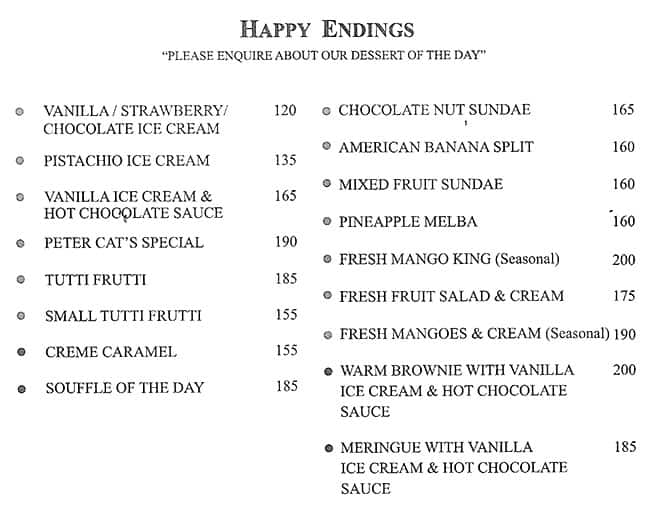 Menu at Peter Cat, Kolkata