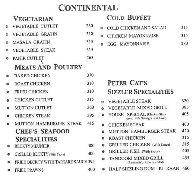 Menu at Peter Cat, Kolkata