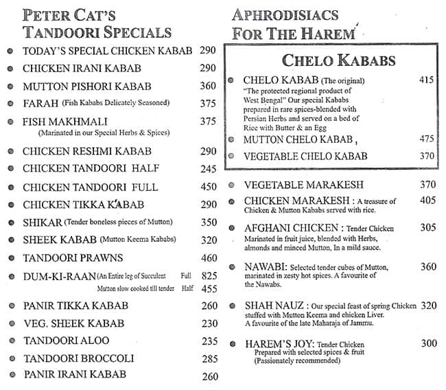 Menu at Peter Cat, Kolkata