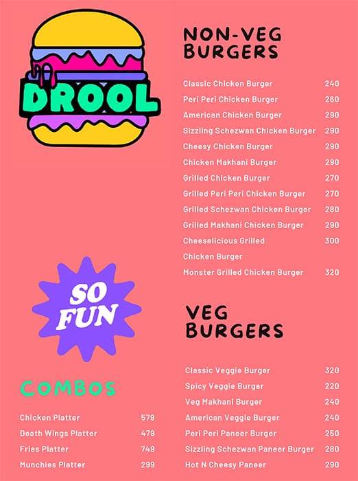 Menu of Drool- Burgers, Wings and Fries., Chembur, Mumbai
