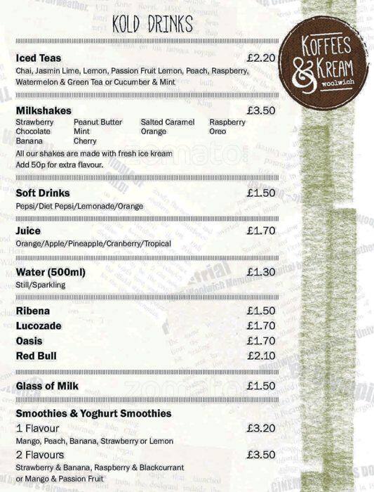 Menu at koffees and kream cafe, London