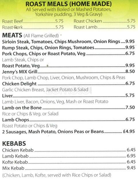 Menu at Jenny's Café cafe, Borehamwood, 126 Shenley Rd