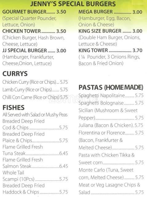 Menu at Jenny's Café cafe, Borehamwood, 126 Shenley Rd