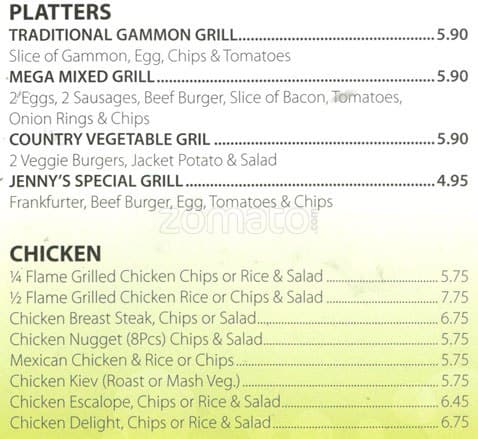 Menu at Jenny's Café cafe, Borehamwood, 126 Shenley Rd