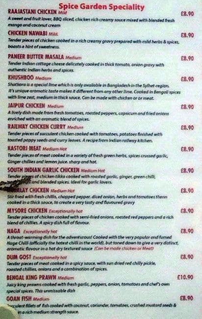 Menu at Spice Garden restaurant, Borehamwood, 209 Shenley Rd