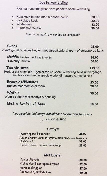 Menu at Cherry Lane Coffee House and Deli, Malmesbury
