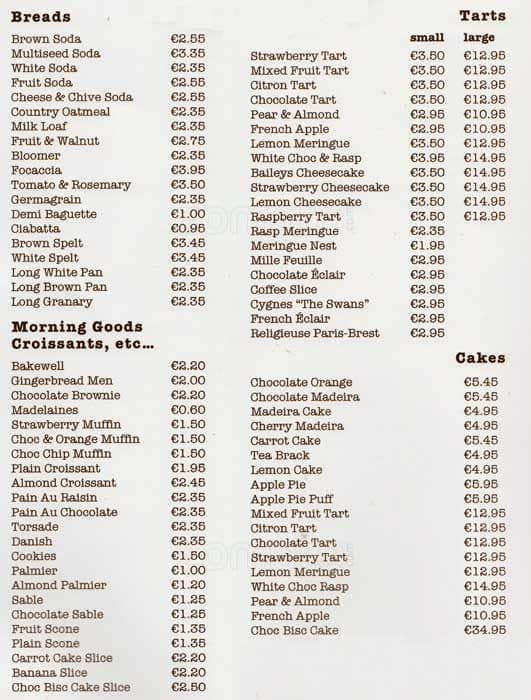 Menu at Hansel and Gretel Bakery & Patisserie, Dublin, 20 Clare St