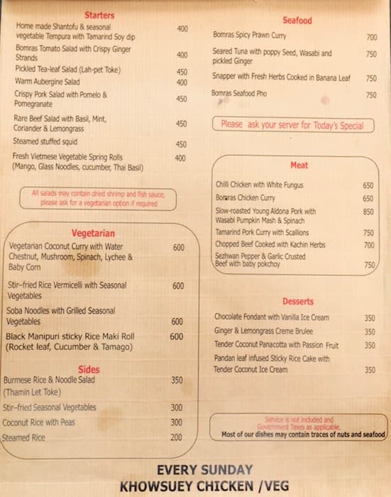 Menu at Bomras, Reis Magos