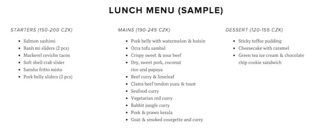 Menu at Sansho restaurant, Prague