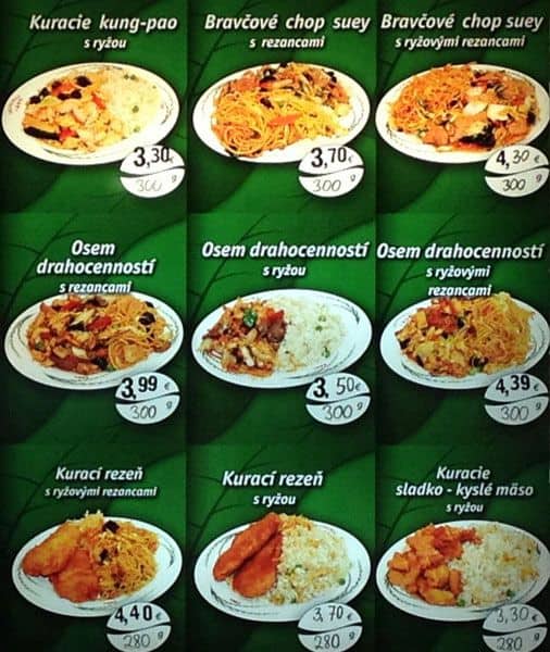 Menu at Shangai restaurant, Bratislava