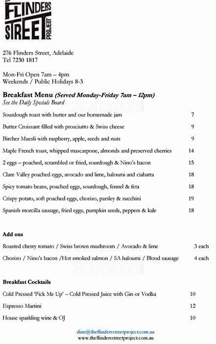 Menu at The Flinders Street Project pub & bar, Adelaide