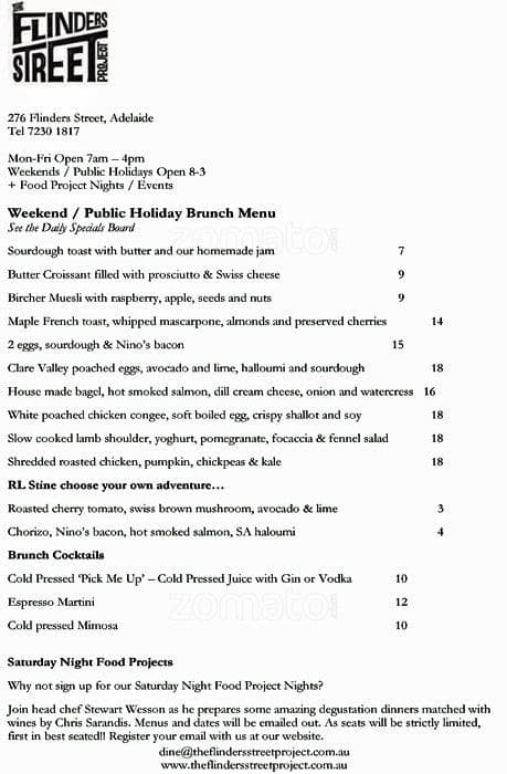 Menu at The Flinders Street Project pub & bar, Adelaide