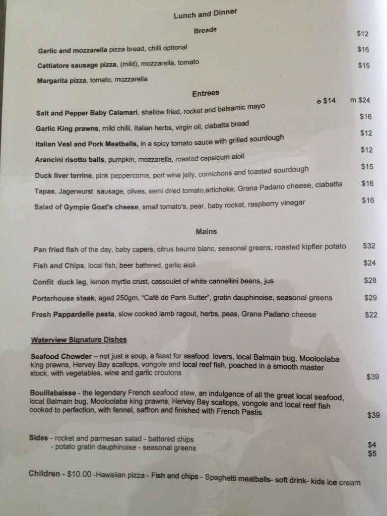 Menu at Waterview Bistro pub & bar, Rainbow Beach