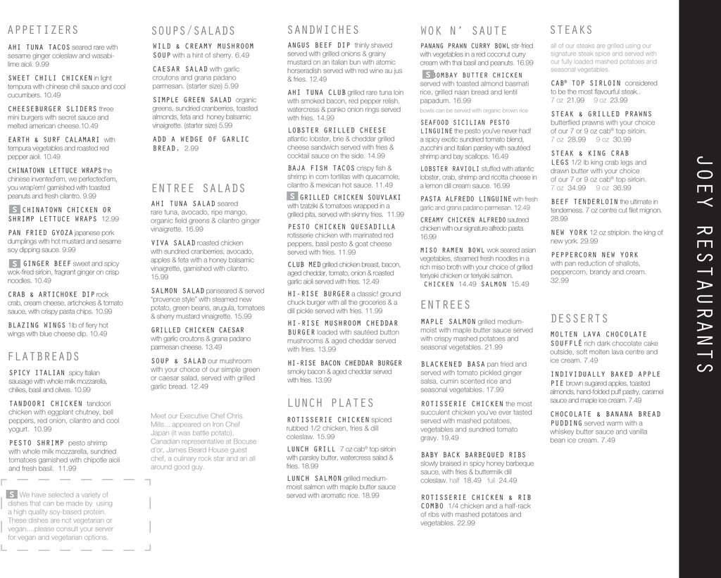 Menu at JOEY Chinook restaurant, Calgary, Macleod Trail SW #100A