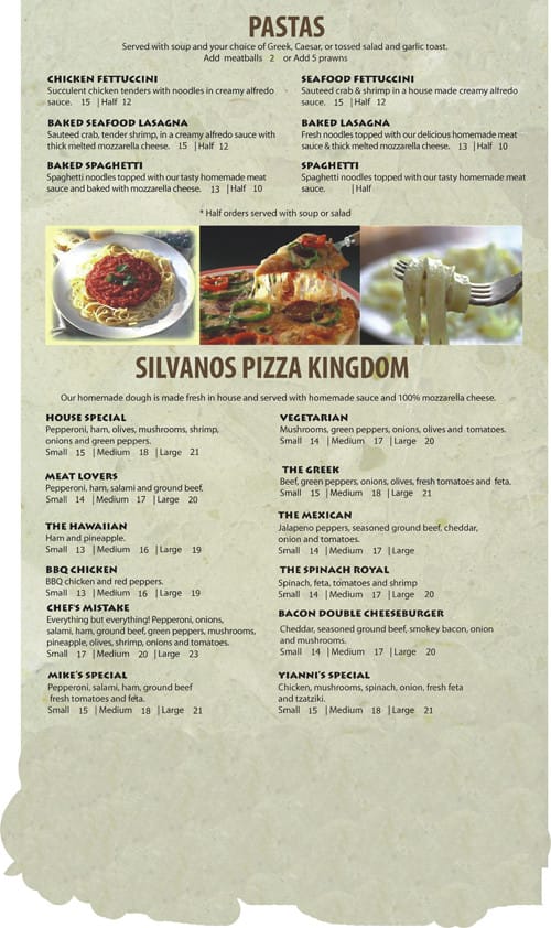 Menu at Silvano's Restaurant, Agassiz