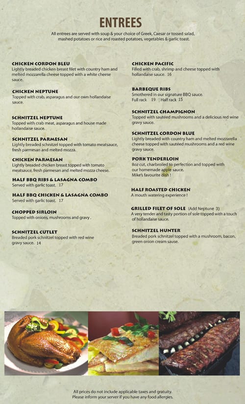 Menu at Silvano's Restaurant, Agassiz