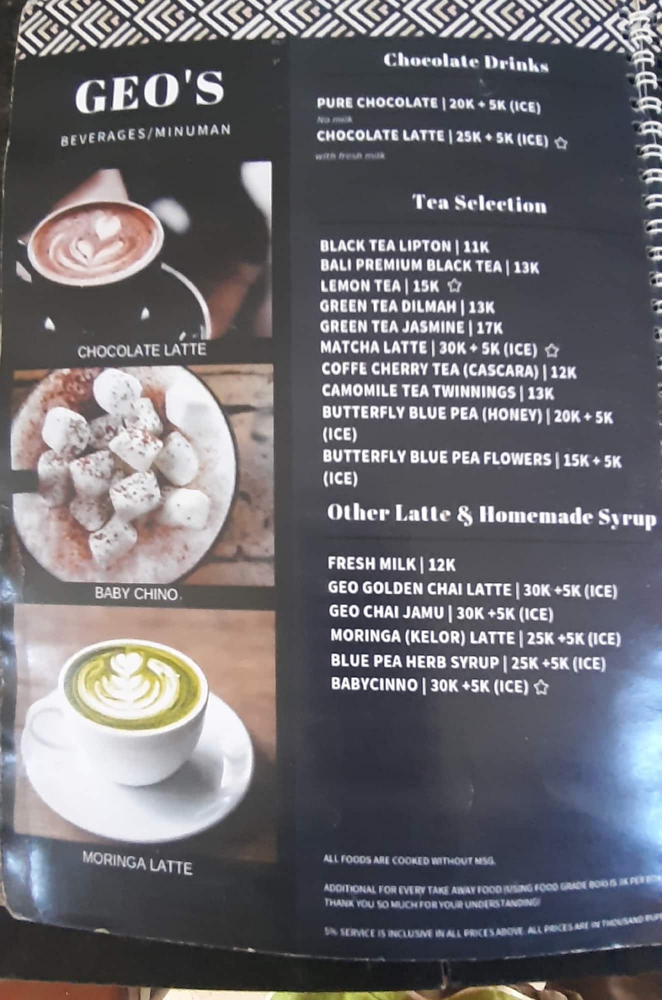 Menu at Geo Coffee & Roastery House cafe, Kuta