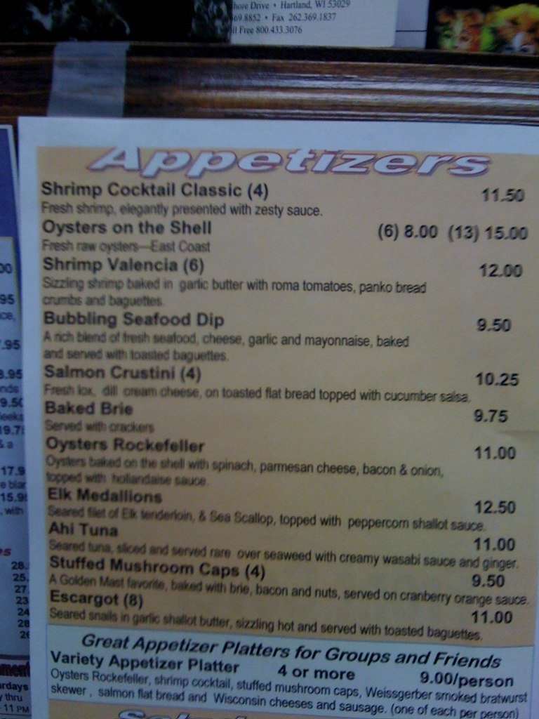 Menu at Golden Mast Inn pub & bar, Okauchee Lake